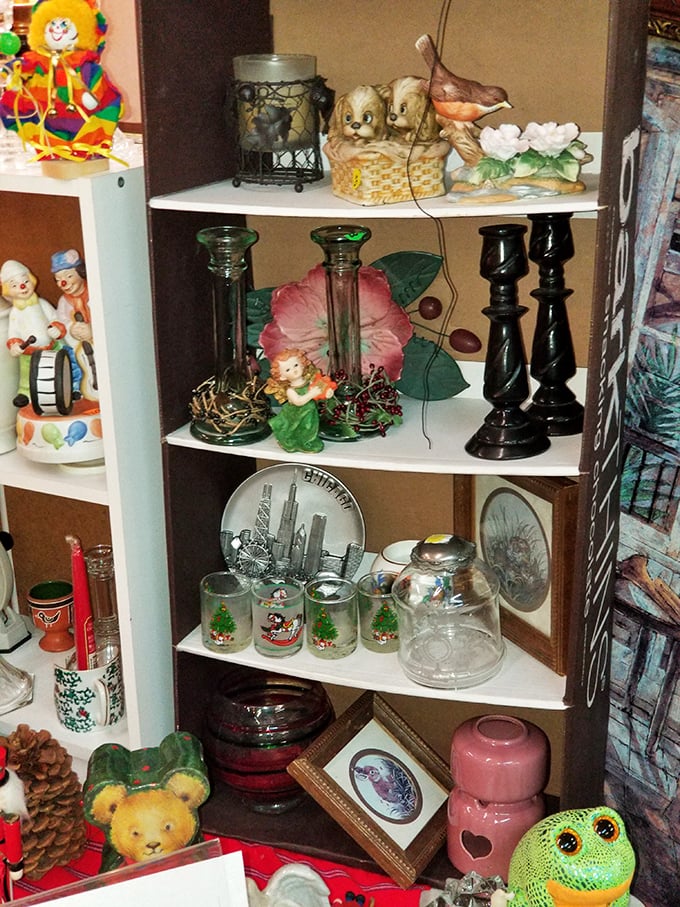 Every shelf a miniature department store of nostalgia—from Chicago souvenir plates to Christmas Mickey glasses that once held eggnog.