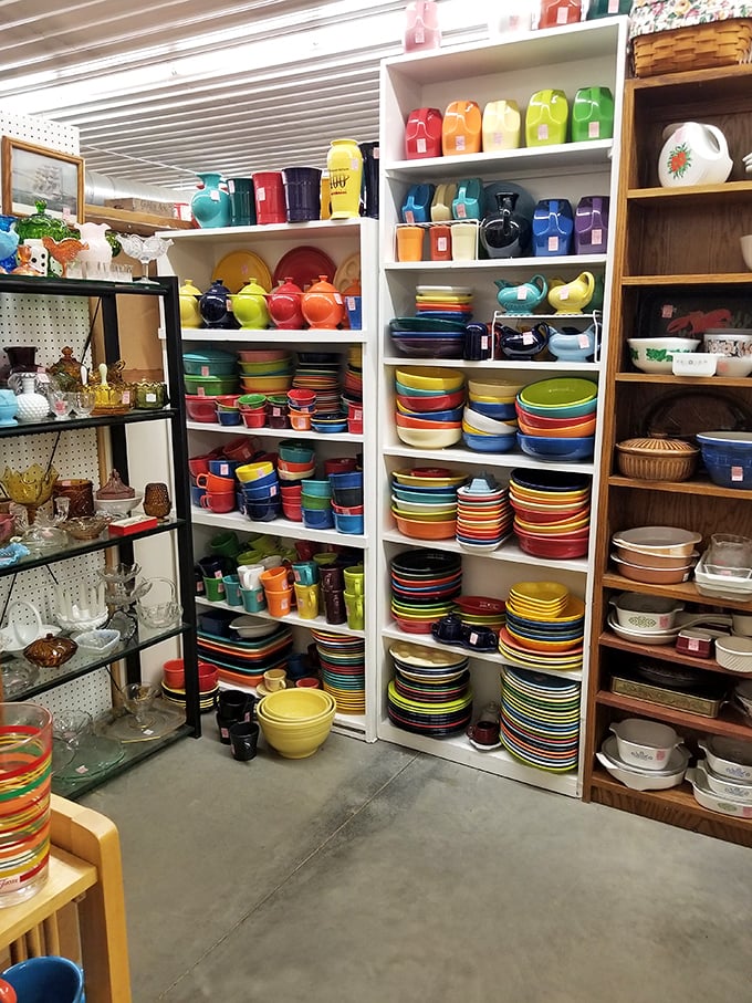 Fiestaware heaven! This rainbow explosion of vintage dinnerware proves that mid-century Americans ate their meatloaf with serious style.