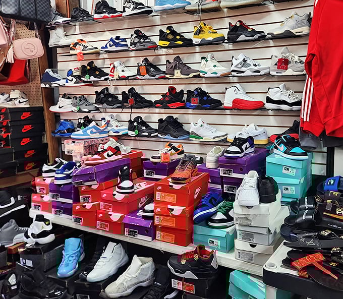 Sneakerheads have found their mecca. This wall of footwear fashion spans decades of athletic style and street cred.