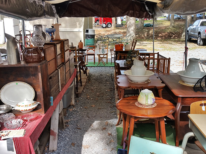 Furniture with stories to tell! This tent offers enough vintage tables and cabinets to furnish your home with conversation pieces for years. 