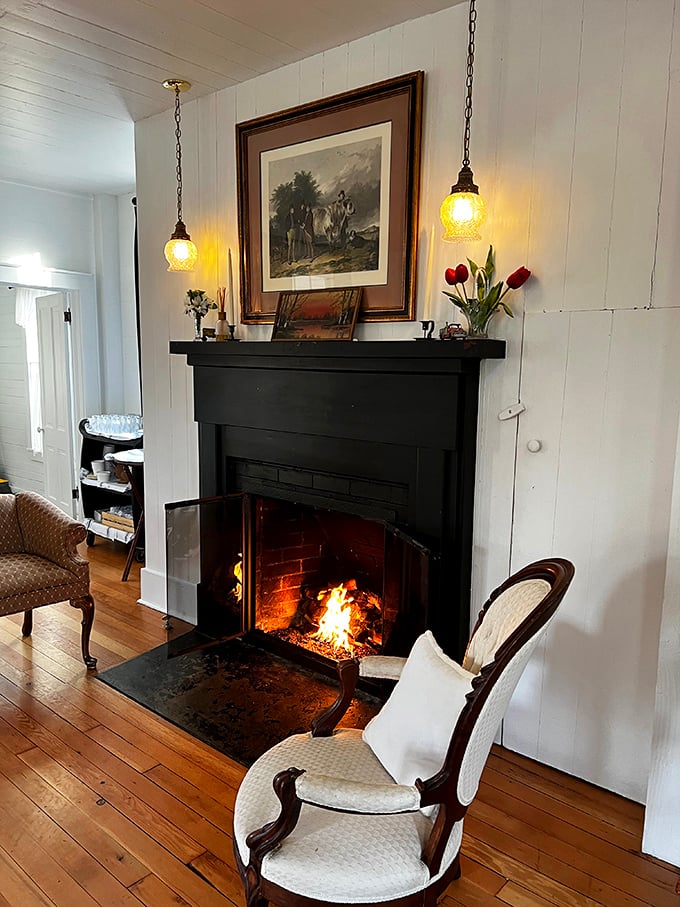 Nothing says "stay awhile" like a crackling fireplace flanked by pendant lights, creating the perfect spot for pre-dinner cocktails or post-meal reflection.
