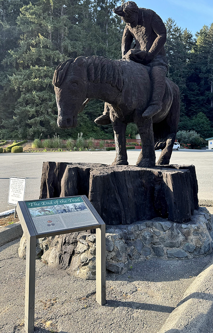 This wooden horseman statue marks "The End of the Trail" – both literally and metaphorically for tired hikers with cranky children.