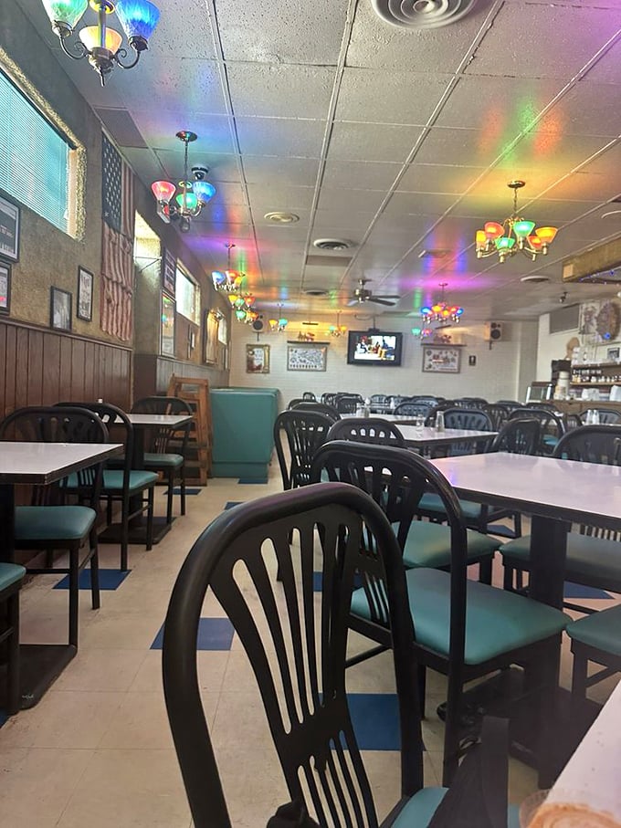The dining room's colorful light reflections aren't fancy design—they're disco balls for your pizza party, Chicago-style.