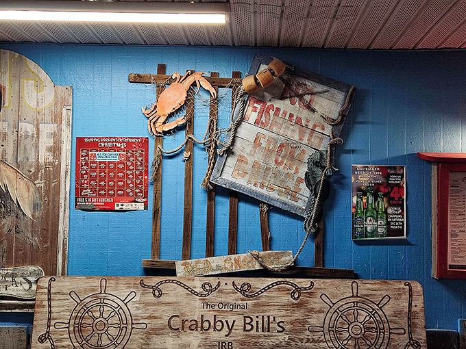 Wall decor that tells stories of the sea—where every weathered sign and crab illustration adds to the authentic coastal experience.