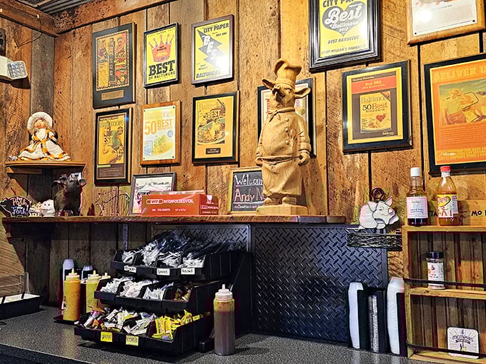 The wall of awards isn't bragging—it's just confirmation of what your taste buds already told you about this legendary BBQ joint.