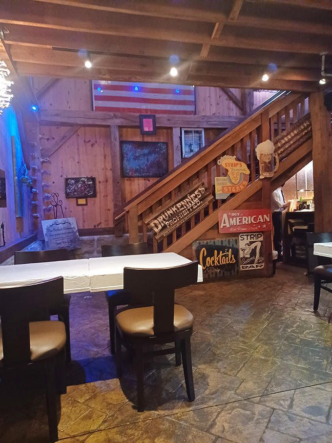 Rustic-chic at its finest. The staircase doesn't just lead upstairs—it's a wooden runway showcasing Strip's playful personality.