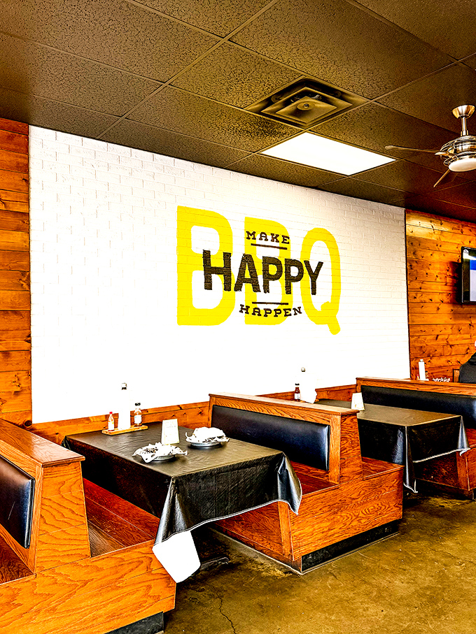"Make Happy Happen" isn't just wall art—it's the restaurant's mission statement delivered through smoke, sauce, and seriously good barbecue.