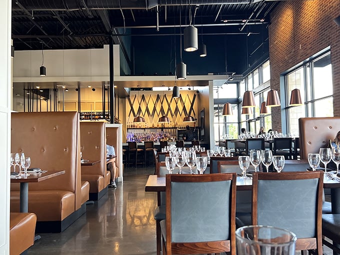 The dining room's industrial-chic design somehow manages to feel both trendy and timeless, like a little black dress for restaurants.