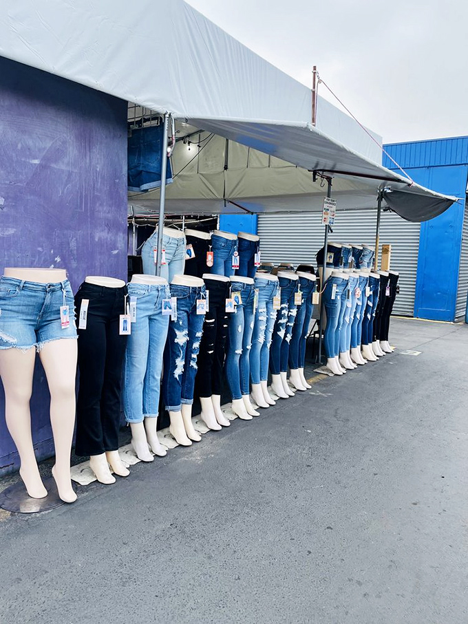Denim democracy in action—every style, size, and wash lined up like soldiers ready for their next mission.