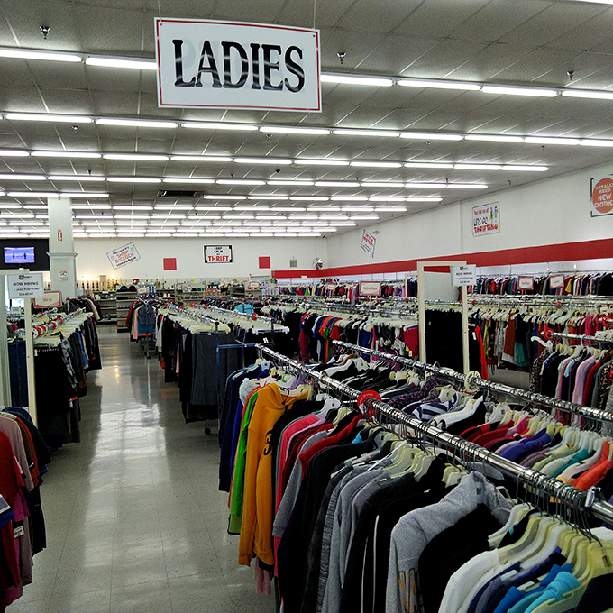 The ladies' section stretches toward the horizon like a technicolor promise of style without financial sacrifice.