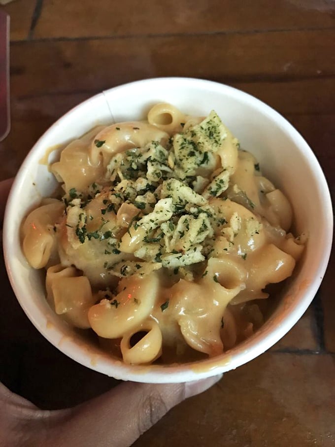 This mac and cheese isn't trying to reinvent comfort – it's perfecting it with a creamy sauce that clings to each pasta curve like it's found home.