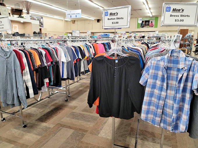 The men's section—where button-downs and polos get their second act. Dad jokes not included, but strongly implied in that Hawaiian shirt.