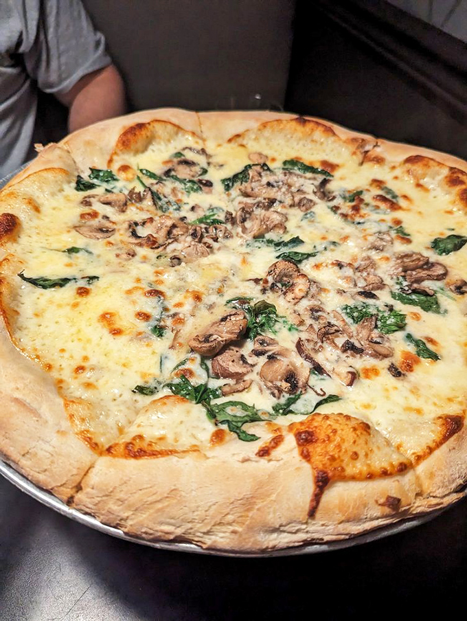 This mushroom and spinach pizza isn't just food—it's a bubbling canvas of melted cheese art that belongs in both galleries and stomachs.