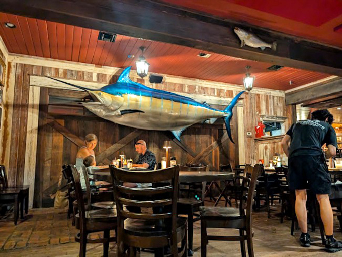 Dining under a marlin is the Florida equivalent of eating beneath chandeliers. This mounted beauty watches over happy diners daily.