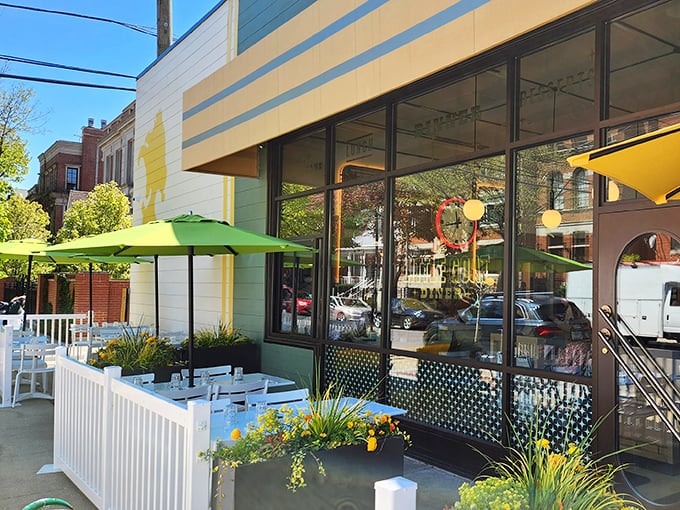 Chicago summers were made for this patio, where bright umbrellas and planters full of flowers create an urban oasis for alfresco dining.
