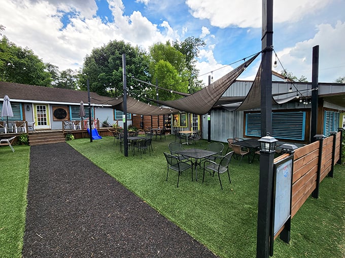 The outdoor seating area offers a perfect South Carolina dining experience—shade, fresh air, and enough space to loosen your belt after that second helping.