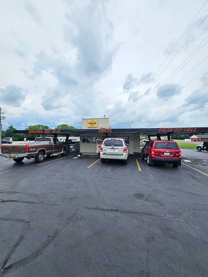The parking lot—where Ohio families have been making memories over dashboard dining since before smartphones ruined dinner conversation.