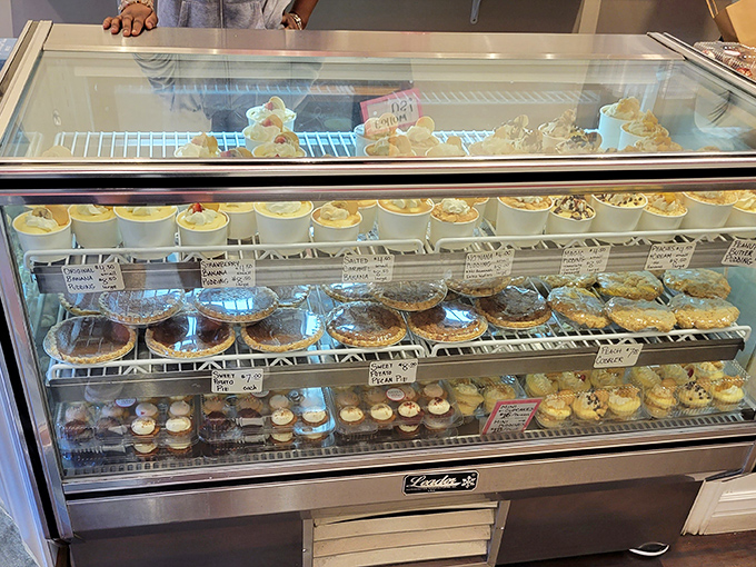 The display case—a treasure chest of temptation where life's big decisions become "Which one today?" and "How many can I reasonably carry home without looking greedy?"