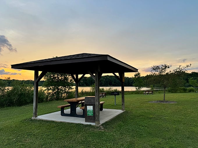Sunset picnic perfection—this humble pavilion has hosted more meaningful conversations and family moments than any five-star restaurant.