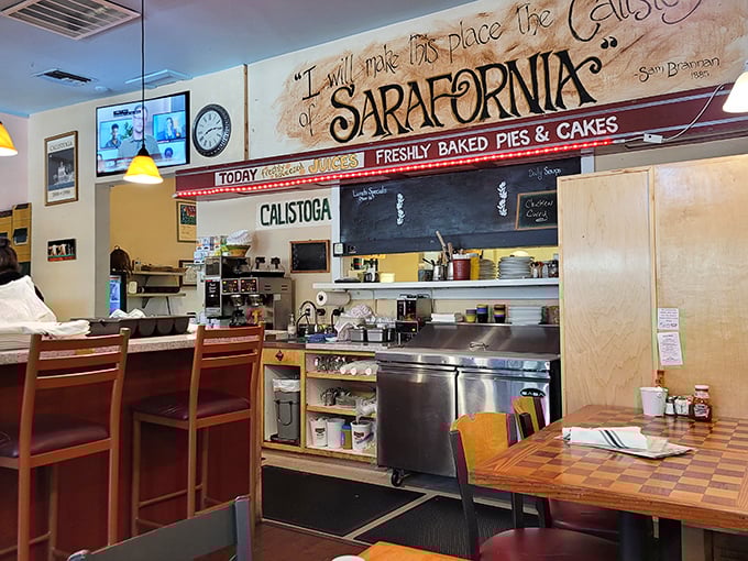 The wall proudly displays Sam Brannan's famous quote about "the Calistoga of Sarafornia," a happy accident that gave this breakfast haven its perfect name.