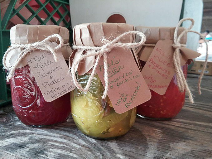 Homemade preserves with handwritten tags—the kind of authentic, small-batch finds that make flea markets the anti-Amazon experience.