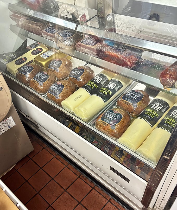 The cheese case—where provolone dreams come true and sandwich foundations are built on creamy, tangy perfection.
