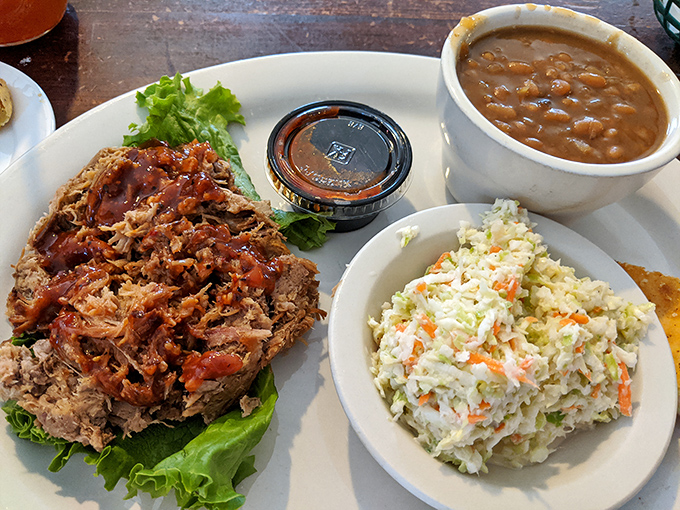 Pulled pork that doesn't need fancy presentation because it's too busy being delicious. That slaw isn't a side—it's the perfect dance partner.