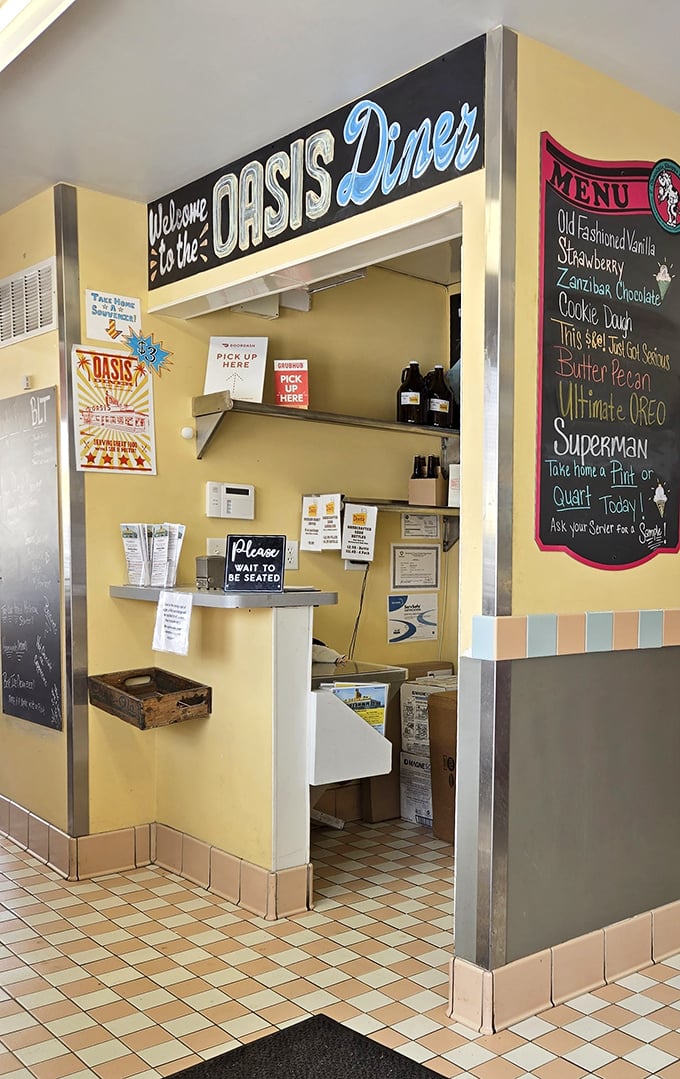 "Welcome to the Oasis Diner" isn't just a sign—it's a promise. The ice cream flavors listed nearby suggest they take that promise very seriously.