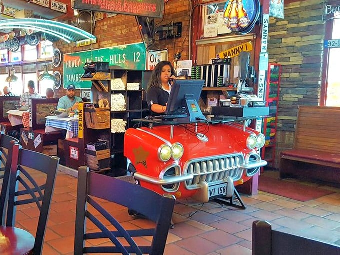 The front desk built into a classic car isn't just quirky—it's the perfect metaphor for a restaurant that drives your taste buds places.