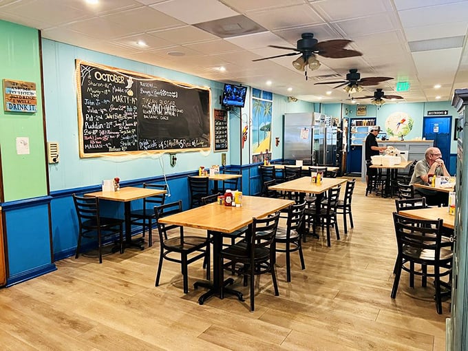 The dining room's cheerful blue and mint color scheme feels like a casual beach house where calories don't count.