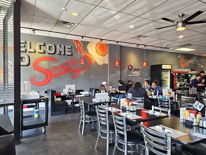 That mural isn't just wall art—it's a breakfast battle cry, with bacon and eggs leading the charge against hunger in a space where everyone feels instantly at home.