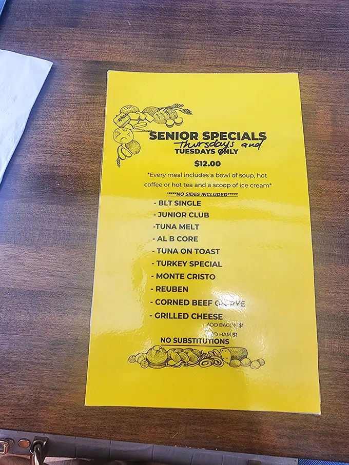 The Senior Specials menu isn't just discounted food—it's a golden ticket to affordable luxury with soup, coffee, and ice cream included in the deal.