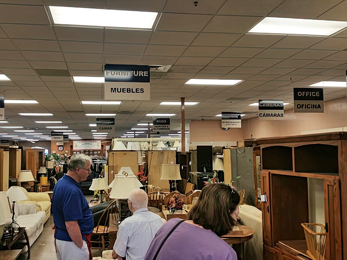 The exterior view showcases the shop's practical desert architecture, where form follows function and bargains await behind security gates.