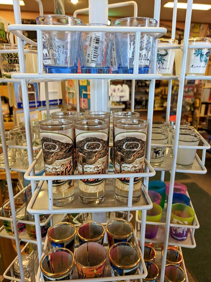 Shot glasses that tell stories of desert adventures—tiny souvenirs that hold big memories of Arizona's most unusual shopping experience.
