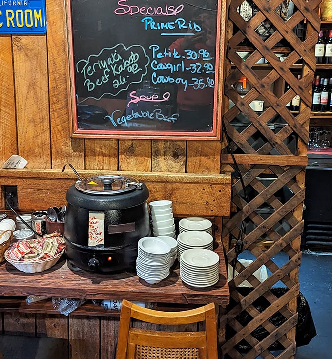 The daily specials board and soup station—where "Prime Rib" written in neon-colored chalk becomes the most beautiful phrase in the English language.
