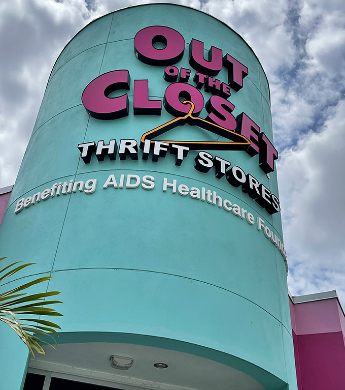 That iconic teal tower with its clever hanger logo announces you've arrived at thrift store paradise.