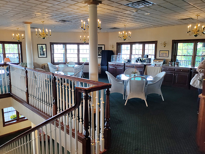 The upper level dining area offers a touch of refinement without pretension—like your living room dressed up for company.