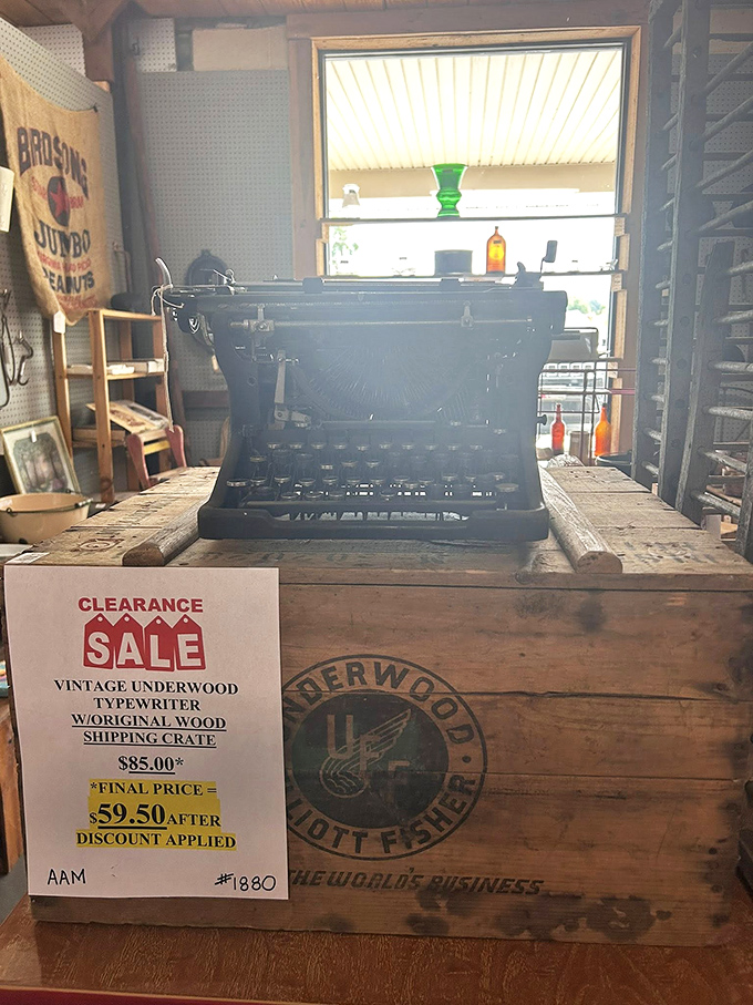 Not just a typewriter—a conversation piece still nestled in its original shipping crate, ready for its second century.