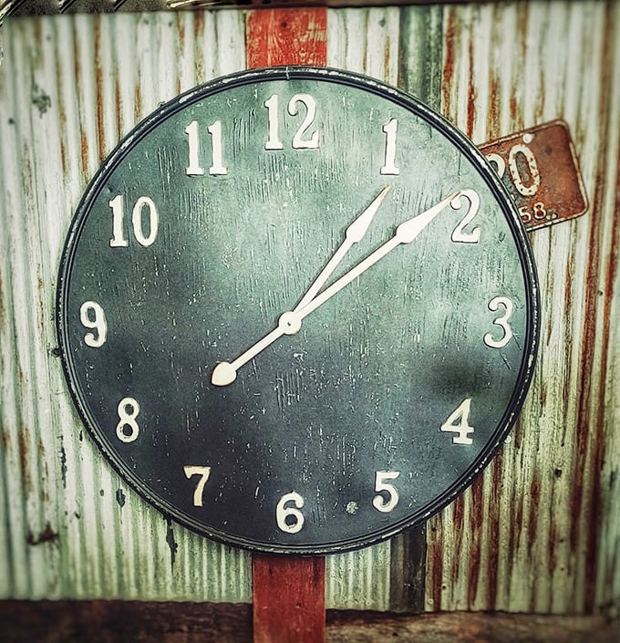 This weathered wall clock doesn't just tell time—it reminds us that patina is earned, not manufactured. Every scratch and fade marks a moment lived.
