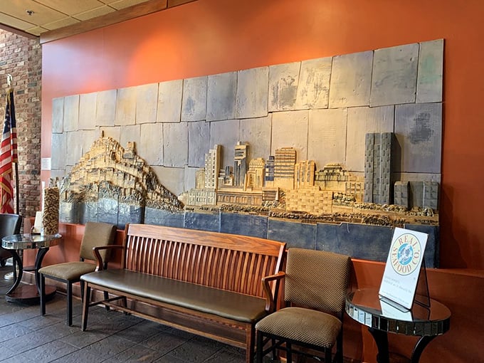A stunning cityscape mural reminds you that you're in Toledo—a city that knows great seafood doesn't require an ocean view.