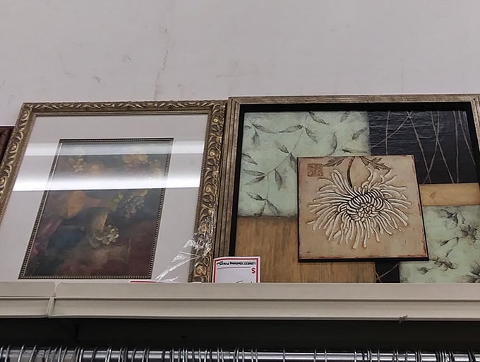 Wall art with previous lives waits for new homes to adorn—that floral piece might be just what your guest bathroom has been missing.