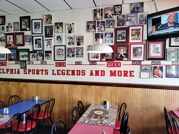 Not just decoration—a wall of Philadelphia sports history that reminds you great sandwiches, like great teams, have loyal followings for good reason.