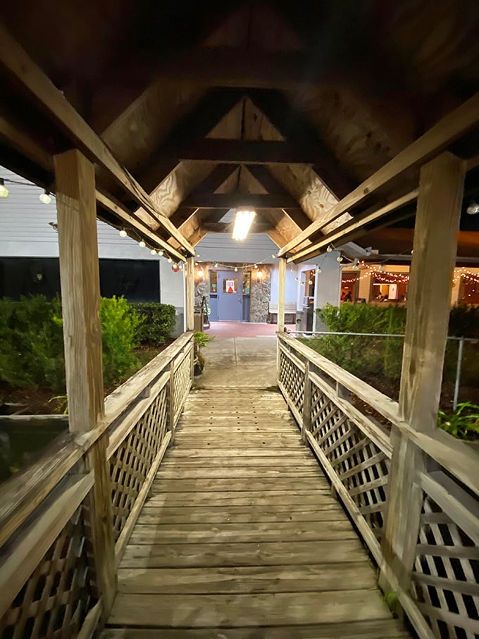 The wooden walkway isn't just an entrance—it's a runway for your appetite's grand arrival.