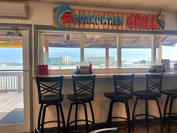 Counter seating with a water view—nature's television for those who prefer pelican drama to daytime soaps. 