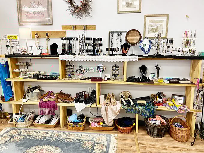 Accessories corner: where scarves, jewelry, and handbags find second lives. That statement necklace has stories to tell.