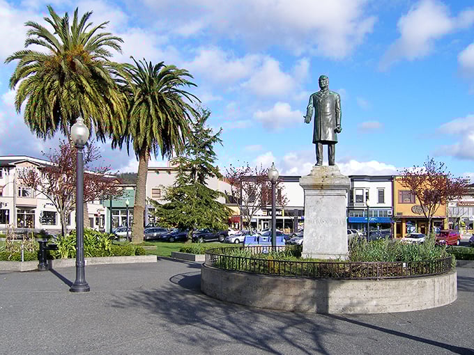 The charming plaza in Arcata anchors a community where artists, students, and retirees find affordable coastal living.
