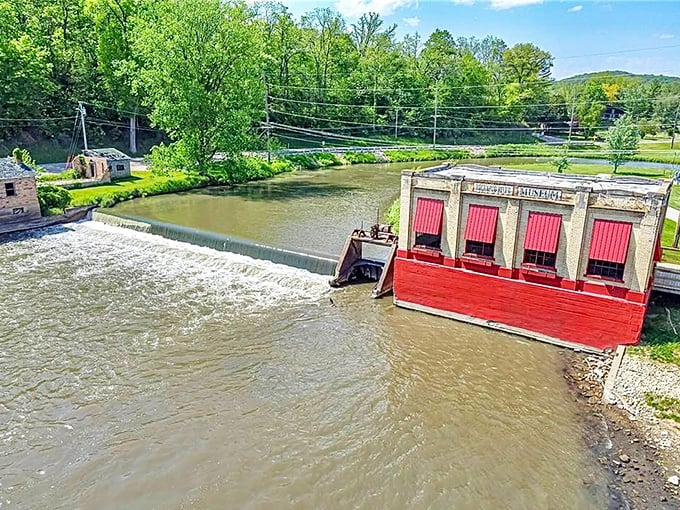 The historic Gays Mills dam and mill building stand as reminders of the town's origins along the Kickapoo River.
