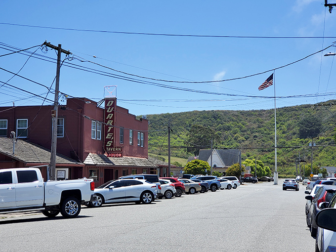 Simple wooden buildings line Pescadero's main street, where coastal fog often rolls in to cool the summer days.