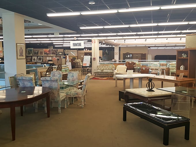The furniture showroom feels surprisingly upscale—like walking into a department store where everything comes with a previous life story.