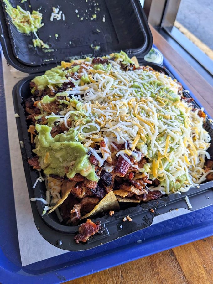Adobada nachos that don't understand the concept of negative space—every chip bearing the weight of multiple toppings in perfect harmony.